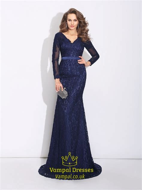 Navy Blue V Neck Lace Mermaid Long Prom Dress With Illusion Sleeves