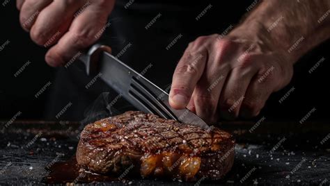 Premium Photo Gourmet Cooking Chefs Hands Cutting Steak