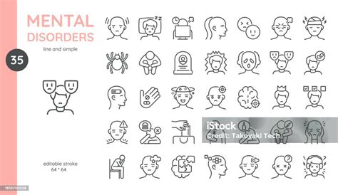 정신 장애 아이콘 세트 불안 신경증 조증 우울증 중독 자폐증 불면증 공포증 위기 스트레스 번아웃 등 고립된 벡터 정신 건강 장애 징후 수집 아이콘에 대한 스톡 벡터 아트 및