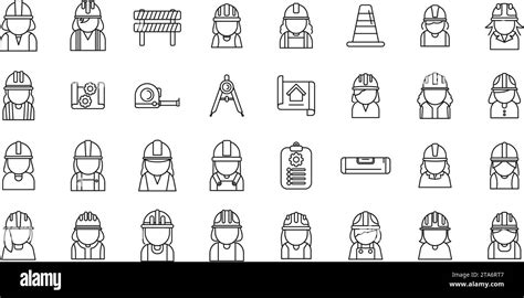 Female Construction Engineer Icons Set Outline Vector Worker Architect Civil Builder Hat Stock