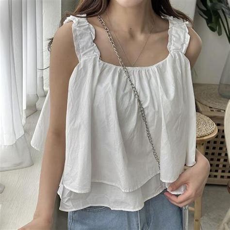 밴딩 프릴 이중 나시 민소매 스퀘어넥 블라우스 Bl