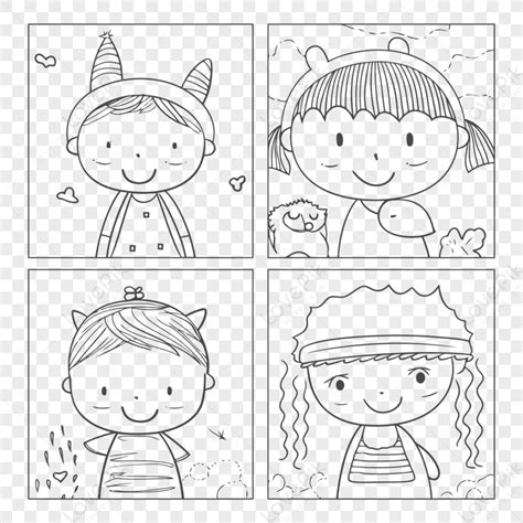 서로 다른 색상의 네 명의 어린이 색칠 페이지 개요 스케치 드로잉 벡터표정개요 예술 Png 일러스트 무료 다운로드 Lovepik