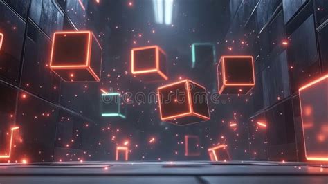 A Futuristic Scene With Floating Neon Cubes In A Dark Industrial Environment Stock Illustration