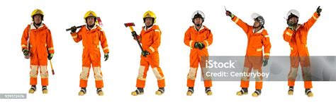 흰색 배경 도끼 파이프와 무 전기에 소방 관 초상화 멀티 액션 개념에 대한 스톡 사진 및 기타 이미지 개념 고무 구조