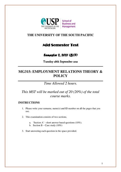 Mst Model S2 2021 Mid Semester Test Solution The University Of The South Pacific Mid