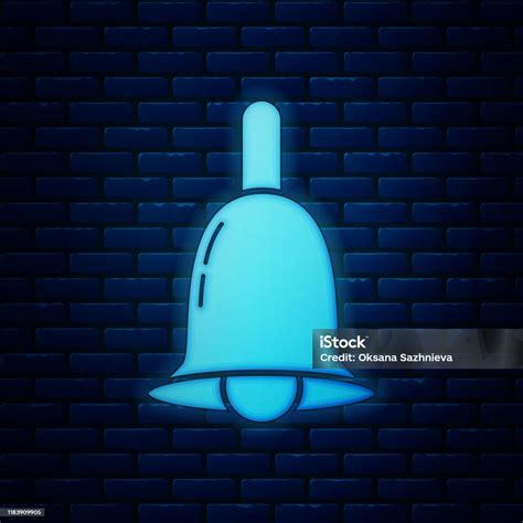 벽돌 벽 배경에 격리 빛나는 네온 벨 아이콘 알람 기호 서비스 벨 핸드 벨 기호 알림 기호입니다 벡터 일러스트레이션 기민에 대한 스톡 벡터 아트 및 기타 이미지 Istock