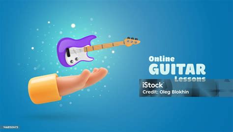 3d 만화 인간의 손 들고 장난감 일렉트릭 기타 벡터 일러스트 레이 션 파란색 배경에 작은 문자열 음악 장비 온라인 기타 레슨 배너 템플릿 3차원 형태에 대한 스톡 벡터
