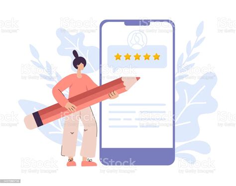휴대 전화에 5 개의 별을 그리기위한 연필로 귀여운 평평한 여성을 벡터로 만듭니다 벡터 플랫 간단한 사람들 피드백 일러스트레이션