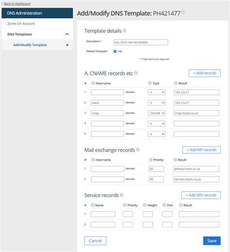 Adding A DNS Template Support Centre Names Co Uk