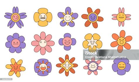 그루비 꽃 만화 캐릭터 세트 선형 눈과 미소를 가진 재미 있는 행복한 데이지 트렌디한 복고풍 트리피 스타일의 스티커 팩 고립된 벡터 그림입니다 히피 60 년대 70 년대