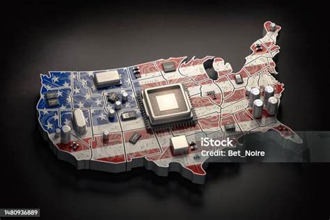미국 반도체 산업 컴퓨터 칩 제조 및 인공 지능 개념 미국지도 형태의 Cpu 프로세서가있는 마더 보드 미국 국기에 대한 스톡 사진 및 기타 이미지 Istock