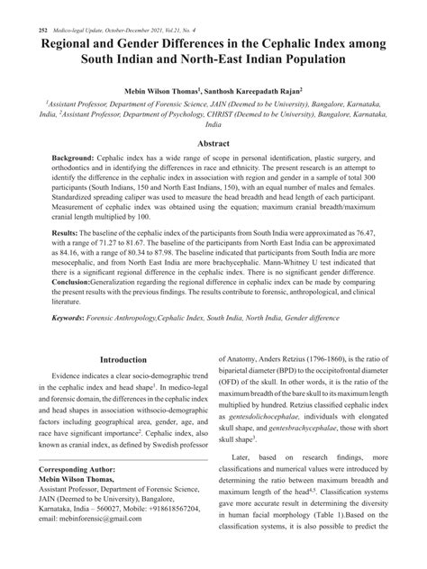 Pdf Regional And Gender Differences In The Cephalic Index Among South Indian And North East