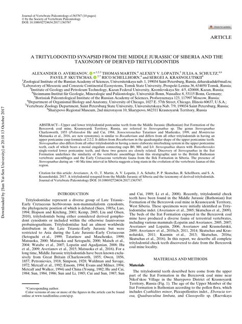 Pdf A Tritylodontid Synapsid From The Middle Jurassic Of Siberia And