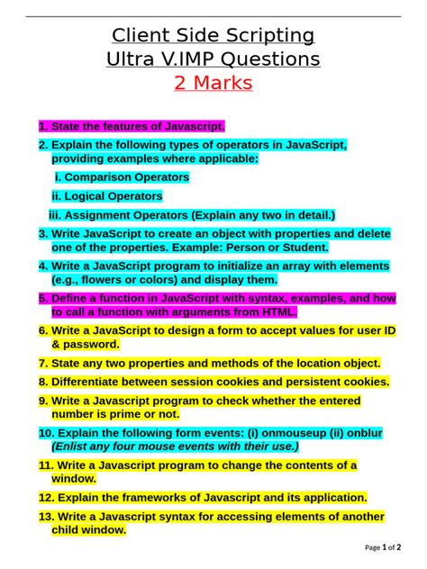 Client Side Scripting 2 Marks Ultra Vimp Questions Pdf Java Script Cookie