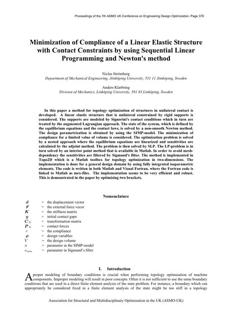 Pdf Minimization Of Compliance Of A Linear Elastic Structure With Contact Constraints By Using