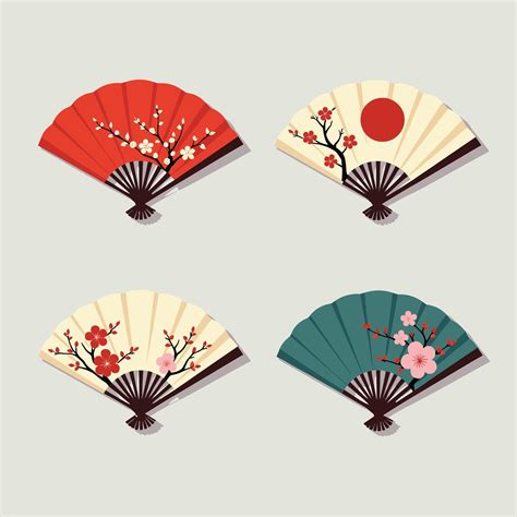 Four Traditional Japanese Hand Fans With Floral And Sun Designs On A