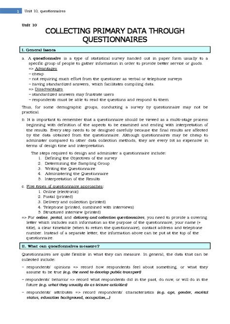 Unit 10 Collecting Primary Data Through Questionnaires Unit 10 Collecting Primary Data