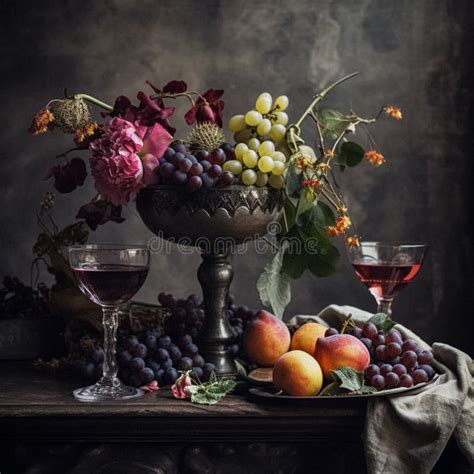 Classic Still Life With Fruits And Wine Stock Illustration