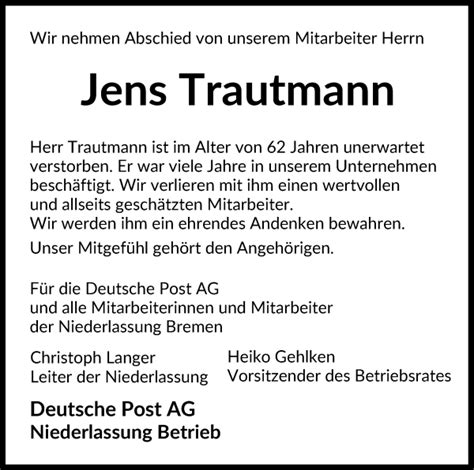 Traueranzeigen Von Jens Trautmann Trauer And Gedenken