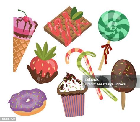 만화 사탕 아이콘의 집합 컵 케이크 도넛 와플 휴일 아이스크림 포장 메뉴 및 조리법의 벡터 그림 0명에 대한 스톡 벡터 아트 및 기타 이미지 Istock