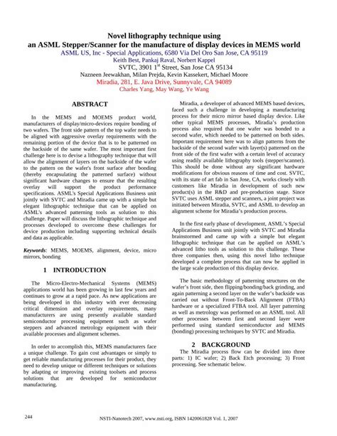 Pdf Novel Lithography Technique Using An Asml Stepper Scanner