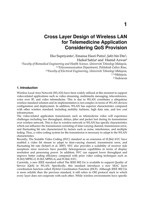 Pdf Cross Layer Design Of Wireless Lan For Telemedicine Application Considering Qos Provision