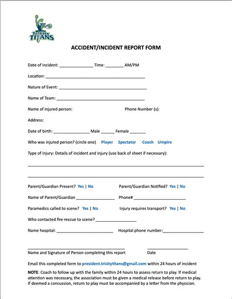 Accidentincident Form Tricity Minor Softball Association