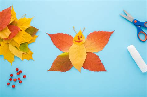 하늘색 테이블 배경에 화려한 나뭇잎으로 나비 모양을 만들었습니다 파스텔 색상 가을 장식 만들기 근접 촬영 하향식 보기 Diy에 대한 스톡 사진 및 기타 이미지 Istock