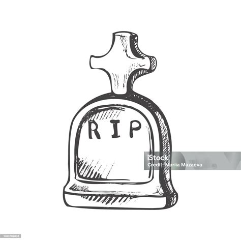 기독교 십자가와 제목 Rip 장례식 카드 또는 마지막 작별 카드를 위한 평화 벡터 그리기 그림으로 휴식을 취하는 오래된 손으로 그린 머블 스톤 묘비 무덤 또는 묘지 휴게소의