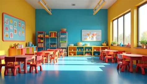 Bright Organized Daycare Classroom Filled With Colorful Learning Materials Features Red Tables