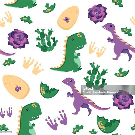 유아반 배너 또는 직물을 장식하기위한 선인장과 발자국귀여운 T 렉스와 도마뱀의 매끄러운 패턴 흰색에 고립 된 플랫 스타일 고생물학자에 대한 스톡 벡터 아트 및 기타 이미지