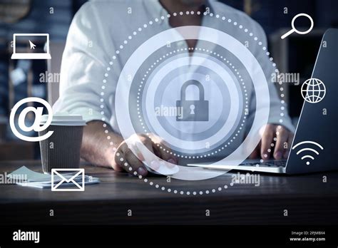 Cyber Security Concept Illustration Of Different Virtual Icons And Man Working With Laptop At