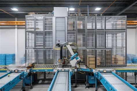 Packaging And Sorting Robot With View Of The Fully Automated Warehouse Operations Stock
