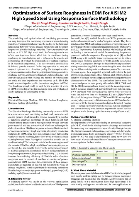 pdf optimization of surface roughness in edm for aisi m2 high speed