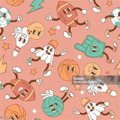 복고풍 스포츠 캐릭터와 완벽 한 벡터 패턴 손으로 그린 공 게임과 라켓 스포츠 그림 Eps 10 벡터 파일 직물 벽지 또는 보육원 프린트 디자인에 적합합니다 0명에 대한