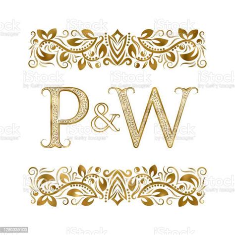 P와 W 빈티지 이스피스 기호 문자는 장식 요소로 둘러싸여 있습니다 결혼식 또는 비즈니스 파트너 로얄 스타일의 모노그램 결혼식에 대한 스톡 벡터 아트 및 기타 이미지
