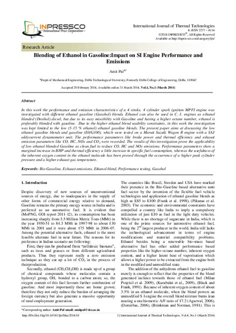 Pdf Blending Of Ethanol In Gasoline Impact On Si Engine Performance And Emissions