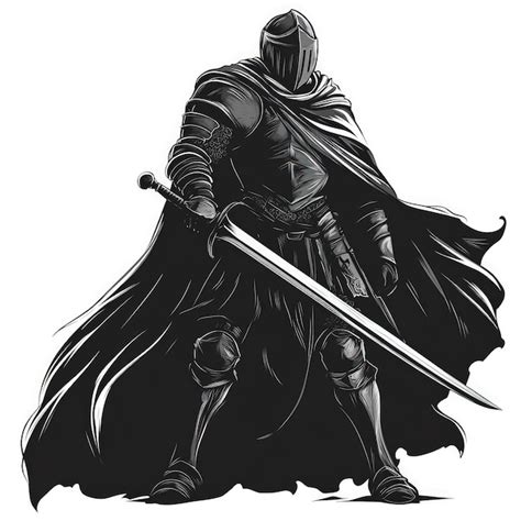 A medieval knight in full armor holding a sword and wearing a flowing ...