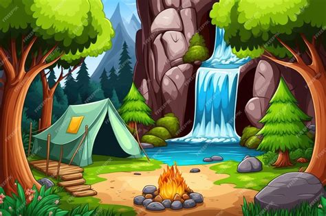premium ai image tents and a campfire are there beside a waterfall