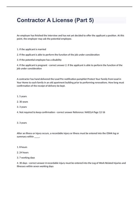 Contractor A License Part 5 Question And Answers Correctly Solved 2023 2024 Nascla Stuvia Us