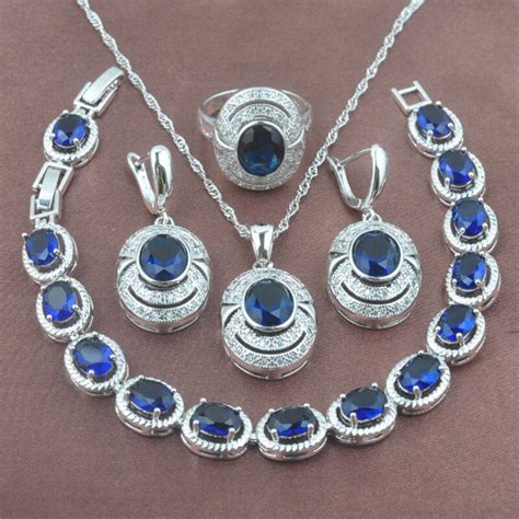 빛나는 블루 지르코니아 화이트 크리스탈 여성 실버 도금 보석 세트 팔찌 목걸이 펜던트 귀걸이 반지 Yz099jewelry Set Braceletbracelet