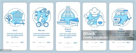선형 개념으로 모바일 앱 페이지 화면을 온보딩하는 아이들과 함께 하는 가족 활동 박물관 방문 5개의 연습 단계 그래픽 지침