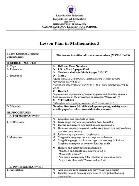 Cot Lesson Plan In Mathematics 3 Add And Even Numbers Pdf