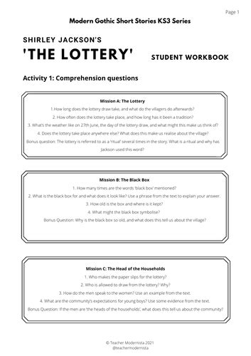 The Lottery Comprehension Task Free Teaching Resources