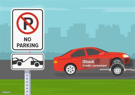 야외 주차 규칙 및 팁 주차는 불가하며 주차된 차량은 견인됩니다 표지판과 견인되는 자동차의 클로즈업 벡터 일러스트 레이 션 템플릿 거리에 대한 스톡 벡터 아트 및 기타