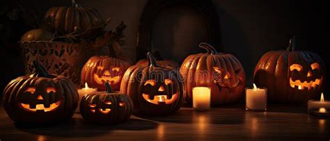 Group Of Carved Jack O Lanterns With Candles Flickering Inside