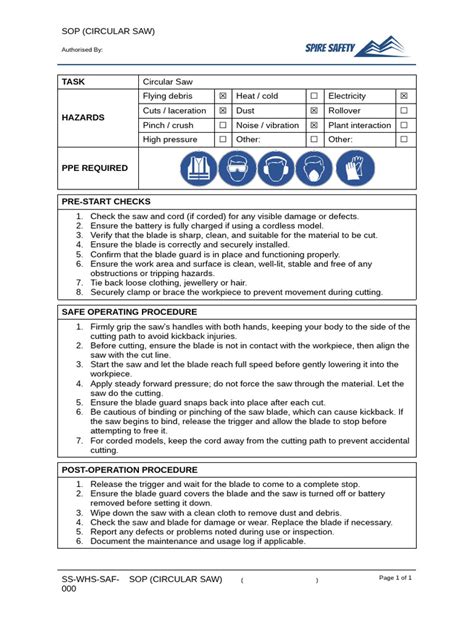 Ss Whs Saf 000 Safe Operating Procedure Circular Saw Pdf