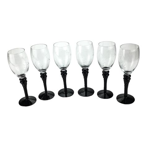 1970s Black Crystal Etched Stemware Wine Glasses Set Of 6 Chairish