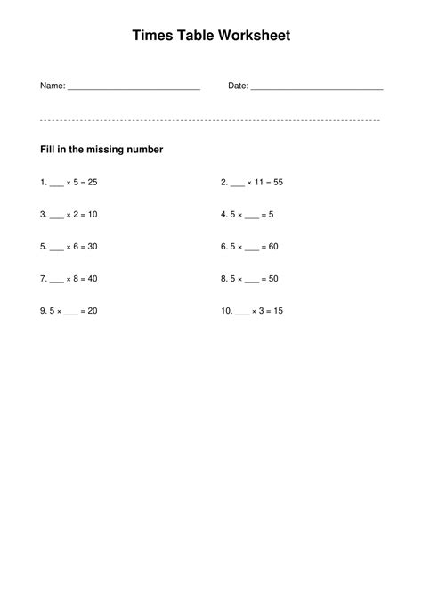 5 Times Table Worksheets