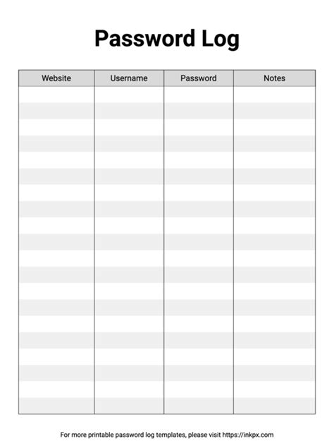 Free Printable Striped Table Password Log Template · Inkpx